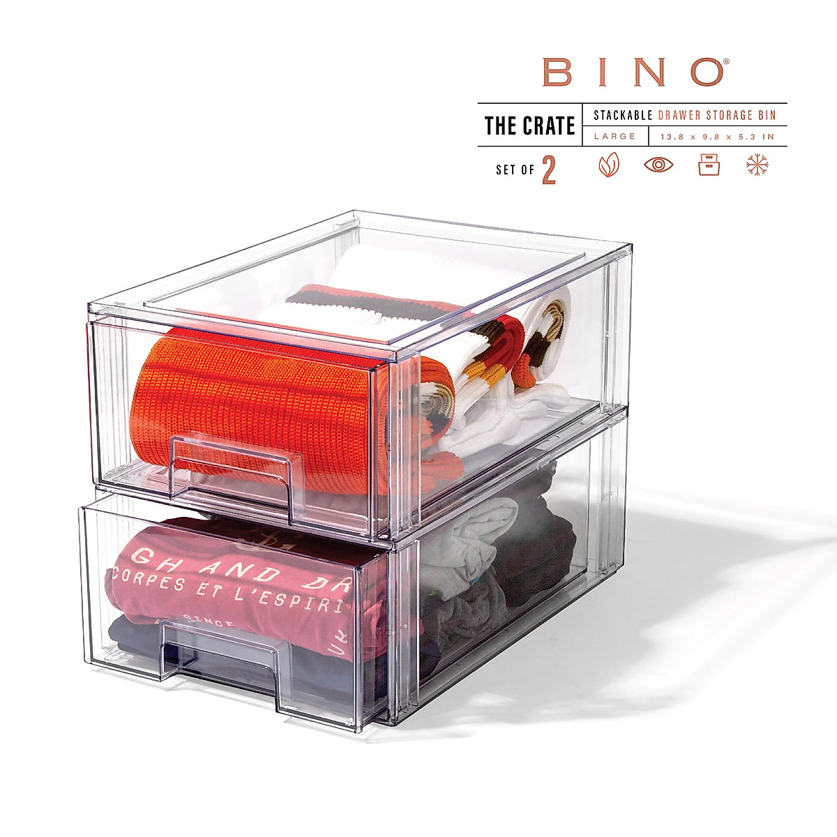 BINO | Stackable Storage Drawers, Large - 2 Pack, Clear | THE CRATE COLLECTION | Storage Bins With Drawers Bathroom Organizers and Storage Organization and Storage Under Sink Organizer Vanity Cabinet