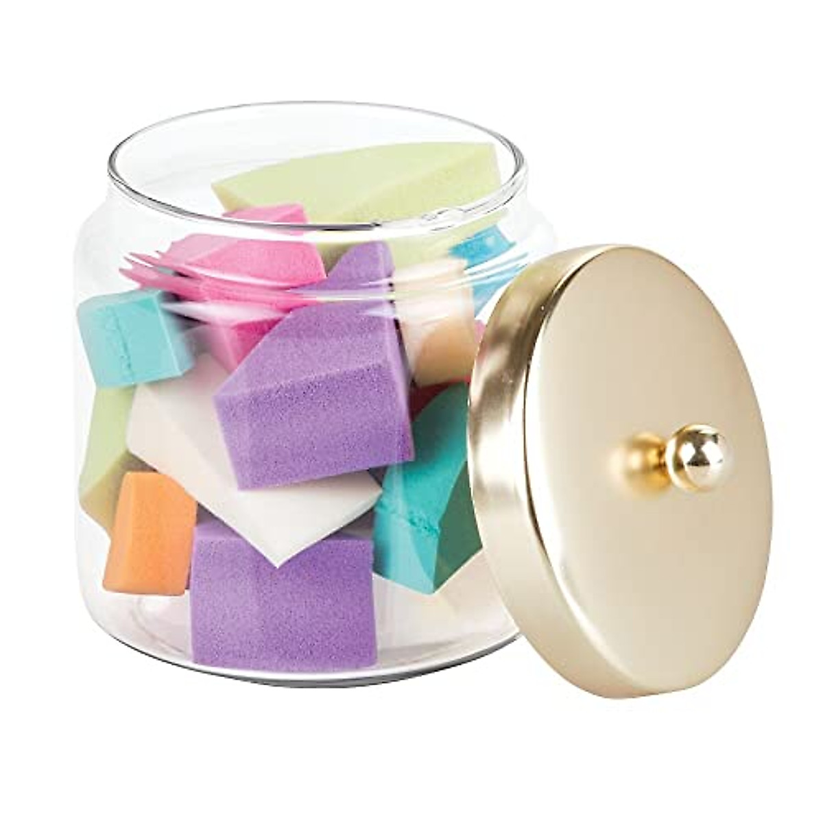 mDesign Modern Glass Bathroom Vanity Storage Organizer Canisters Jars for Cotton Balls, Swabs, Makeup Sponges, Bath Salts, Hair Ties, Jewelry - Clear/Gold Brass