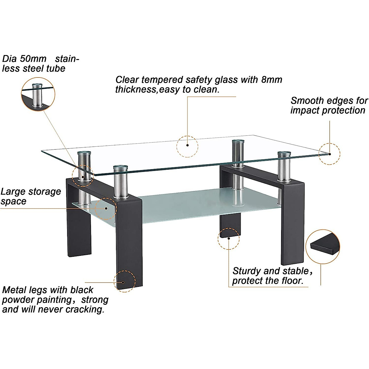 POULEII Living Room Table Set,3 Piece Glass Coffee and End Tables Set for Room,Coffee with Tempered Tabletop Metal Frame Apartment, Small Space Black