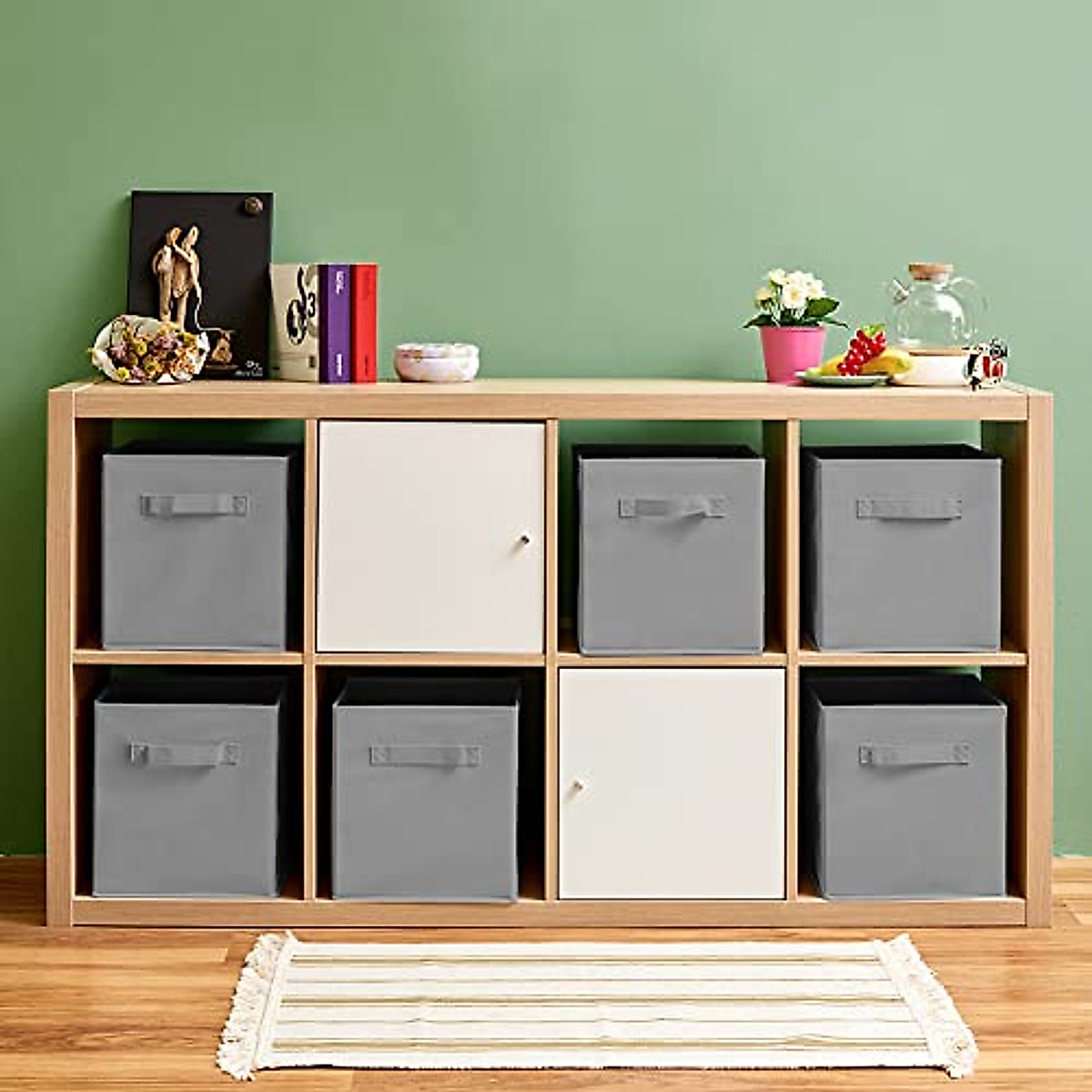 EZOWare Bundle Kit 6 Pcs Gray Collapsible Fabric Cube Storage Bin Baskets + 4 Closet Wardrobe Dresser Drawer Organizer Divider For Organizing Nursery Baby Clothes