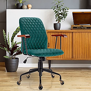 Velvet Home Office Desk Chair with Wooden Armrests, Adjustable Swivel Vintage Mid-Back Leisure Chair with Padded Seat, Task Chair Upholstered Computer Chair for Work Study (Green)