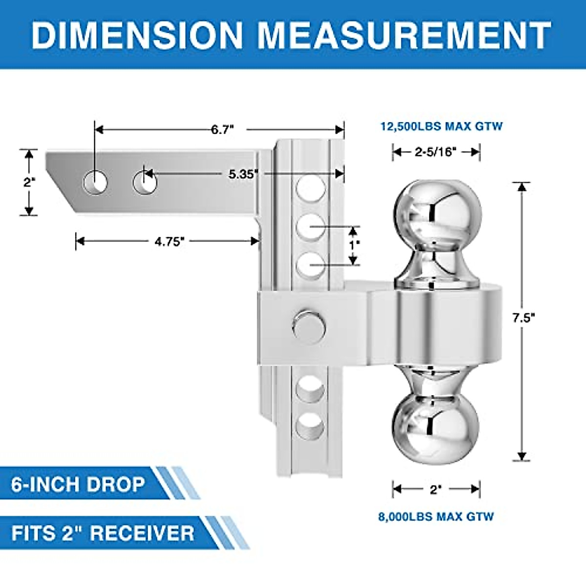 TOLEAD Adjustable Trailer Hitch, Fits 2" Receiver, 6" Drop/Rise Aluminum Hitch, 12,500 LBS GTW, 2" and 2-5/16" Double Hitch Ball Mount, Tow Hitch with Double Anti-Theft Pins Locks, Silver