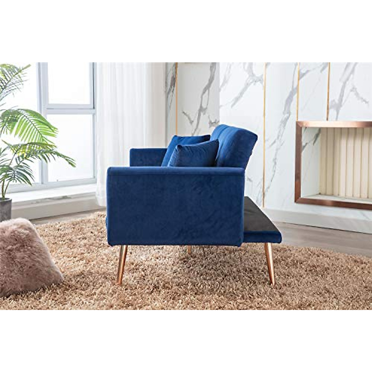Woanke Mid Century Modern Velvet Fabric Home Living Room Bedroom, Convertible Futon Bed, Accent Sofa Recliner, Golden Metal Legs, 2 Couch Pillows, Navy