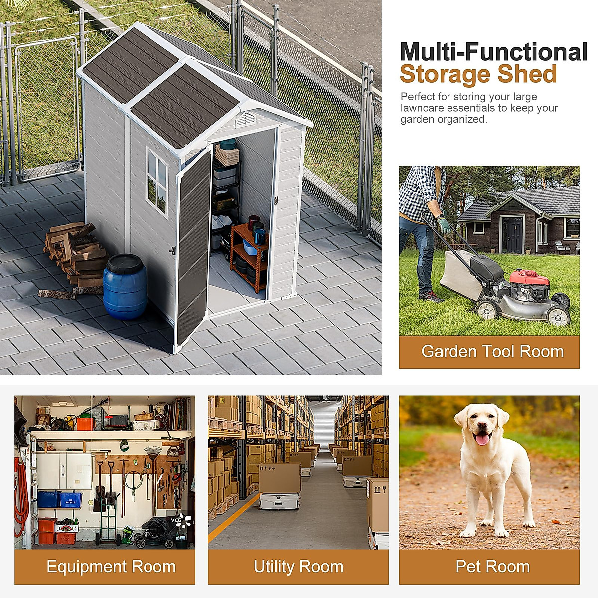 WACASA Storage Shed 4X6 FT,Resin Outdoor Storage Shed with Floor & Lockable Door, All Weather Plastic Lean to Shed with Window and Vent, Garden Tool Shed for Bike,Toy,Lawnmower (Grey)