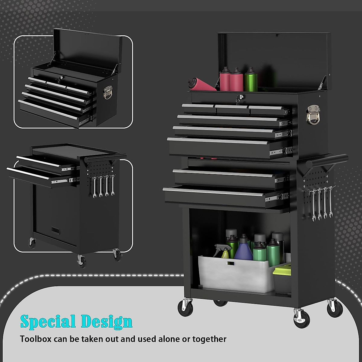 Yenntrss 8-Drawer Rolling Tool Chest & Removable with Wheels,Large Tool Storage Cabinet with Drawers for Garage,Toolbox Organizer with Lock for Mechanics,Warehouse,Worlshop (Black)