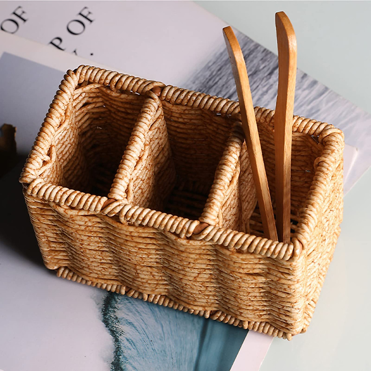 Kitchen Utensil Holder for Countertop Wicker Utensil Caddy Cutlery Holder Silverware Caddy Natural Woven Flatware Caddy with 3 Compartment for Hold Forks,Knives,Spoons,Napkins,Indoor or Outdoor,Brown