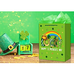 WhatSign St.Patricks Day Gift Bags with Handle 11.5" Happy St.Patrick's Day Gift Bags Shamrock Lucky Paper Gifts Bags with Tissue Paper Irish Clover Gift Wrap Bags St Patricks Day Party Favor Supplies