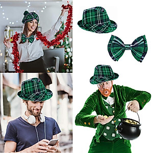 ANIUHL St. Patrick's Day Plaid Fabric Fedora Hat and Bow Tie Set, Green Irish Cap Party Cosplay Costumes Accessory for Women Men