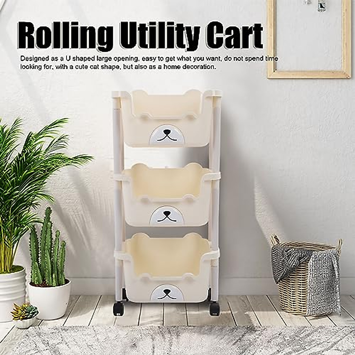 Mobile Utility Cart with Caster Wheels, Rolling Cart Detachable Utility Storage Cart Heavy Duty Storage Basket Organizer Shelves, Easy Assemble for Office, Bathroom, Kitchen (3