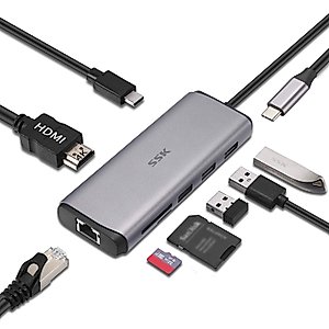 SSK USB C Hub, 8-in-1 Type C Multiport Hub to HDMI Adapter with RJ45 Ethernet, 4K30Hz HDMI, PD3.0 Powered, 3 USBs, SD/TF Card Reader USB C Dock for MacBook/Pro/Air and More
