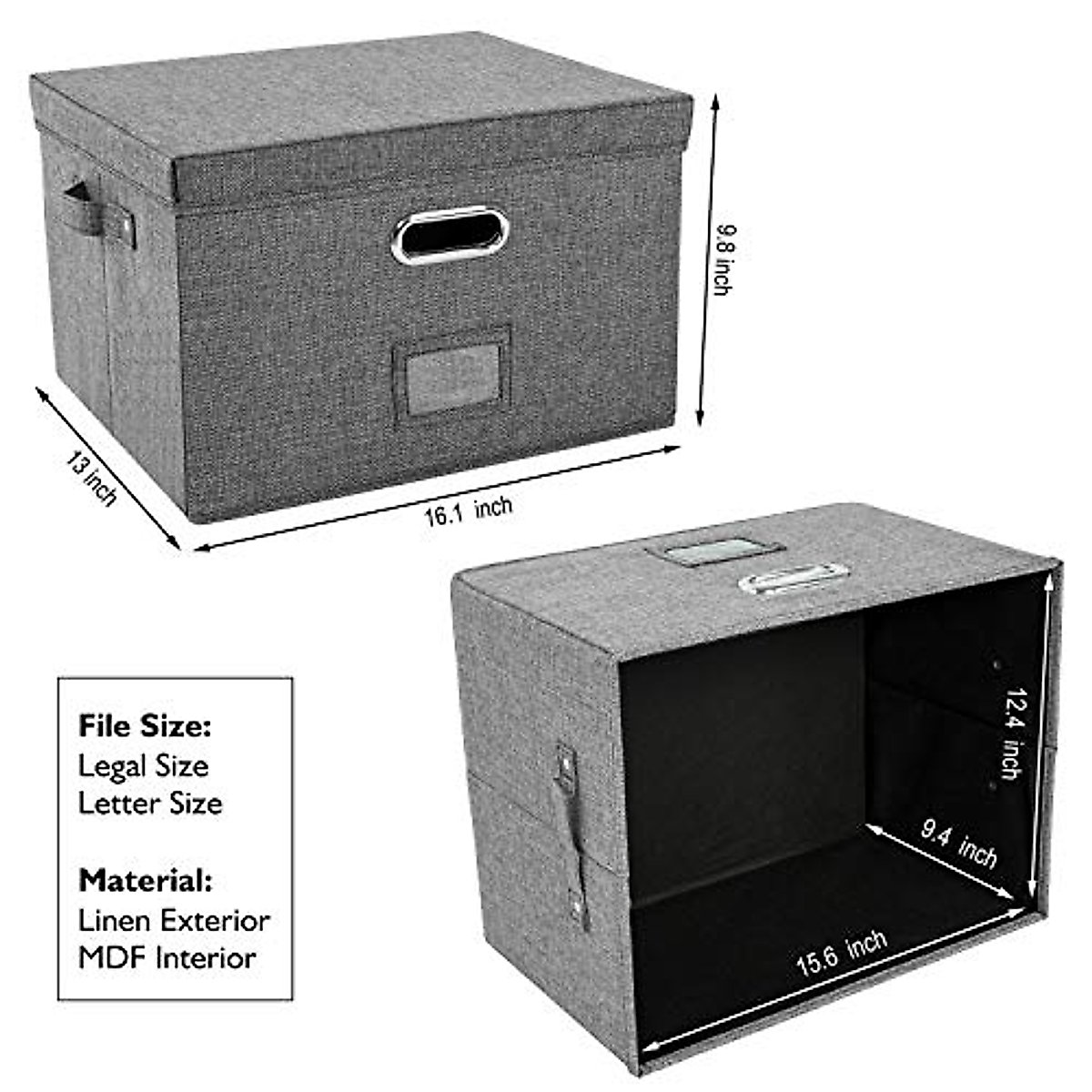 JSungo File Box with 5 Hanging Filing Folders, Document Organizer Storage for Office, Collapsible Linen Storage Box with Lids, Home Portable Storage with Handle, Letter Size Legal Folder, Grey