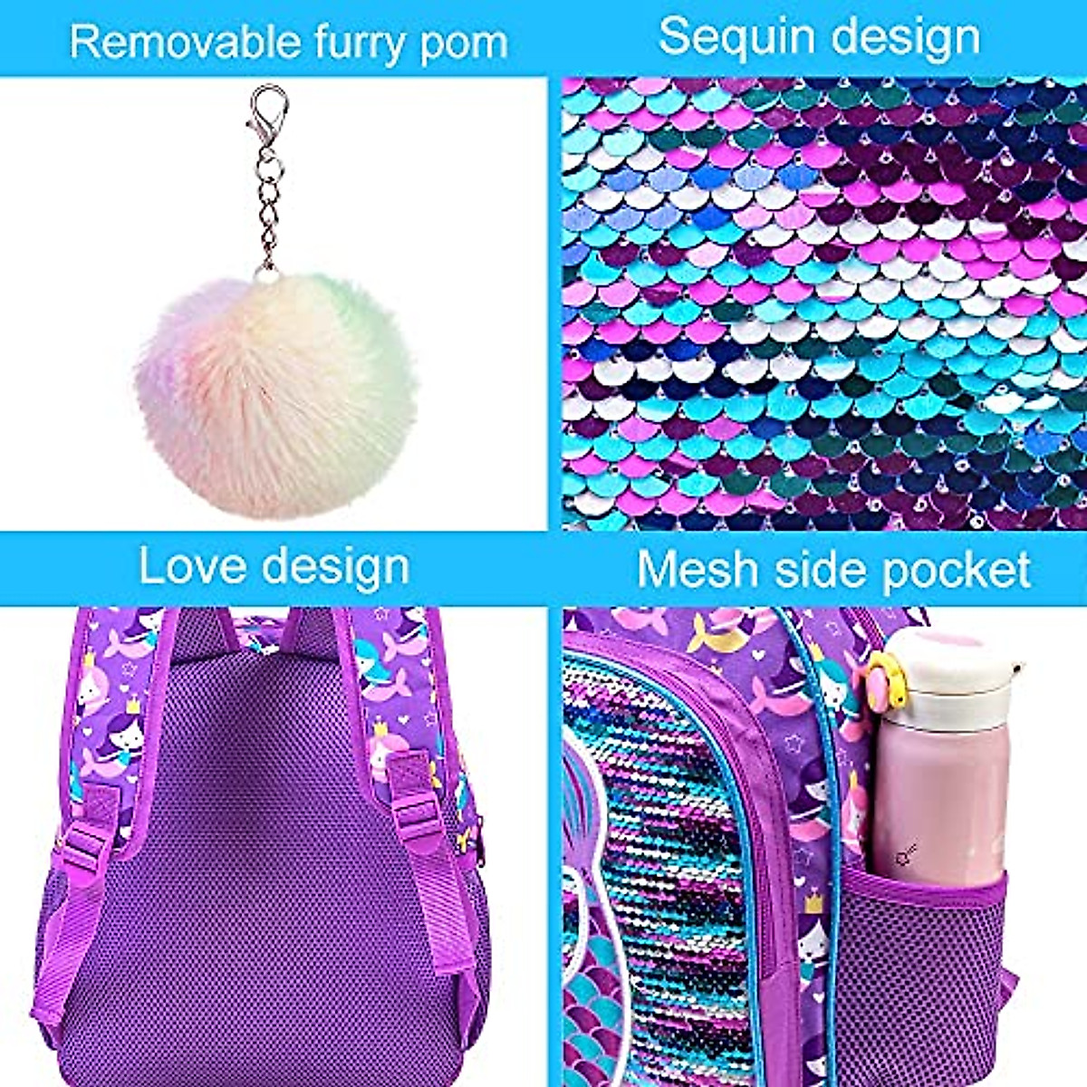 gxtvo Mermaid Backpack for Girls, Toddler Sequin Preschool Bookbag, 12" Cute Cartoon Animal School Bag