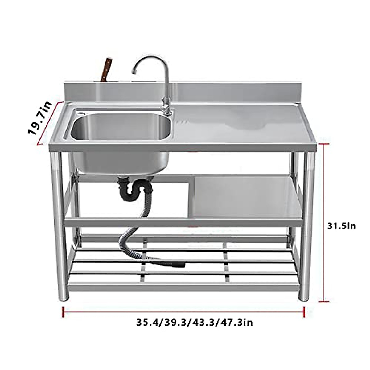 Sink,Sink with Drainboard,Stainless Steel Utility Sink,Utility Kitchen Sinks faucet/drain Kit for Restaurant, Kitchen, Outdoor, 100 * 50 * 80cm/39.9 * 19.7 * 31.5in B