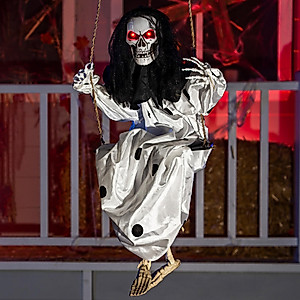 JOYIN 36" Hanging Clown Outdoor Halloween Decorations, Swinging Skeleton Decor with Light Up Eyes Button Battery Operated for Clearance Haunted House Prop Party Supplies