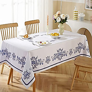 SASTYBALE Spring Ceramic/China Style Tablecloth, Blue and White Porcelain Tablecloth Spill Proof Stain Resistant Tablecloth for Kitchen Dining Picnic Party (52" x 70", Rectangle/Oblong(4-6 Seats))