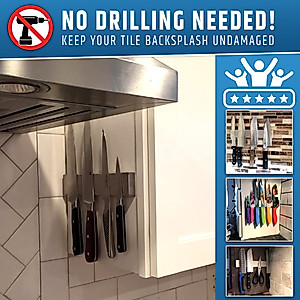 Strong Adhesive (No Drill) Magnetic Knife Holder for Wall - Professional 10 Inch Knife Strip - No Screws Needed - Adhesive Backing - Stainless Steel Knife Bar (Upgraded Version – Will Not Fall)