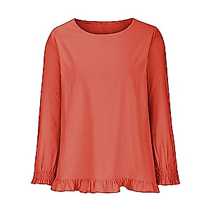 Amazon Warehouse Sale clearancewhite Button Down Dress Women's Cute Preppy Tops Long Sleeve Crewneck Cotton Linen Tops Solid Color Plain Top Fall Fashion Shirts Blouse Orange 2XL