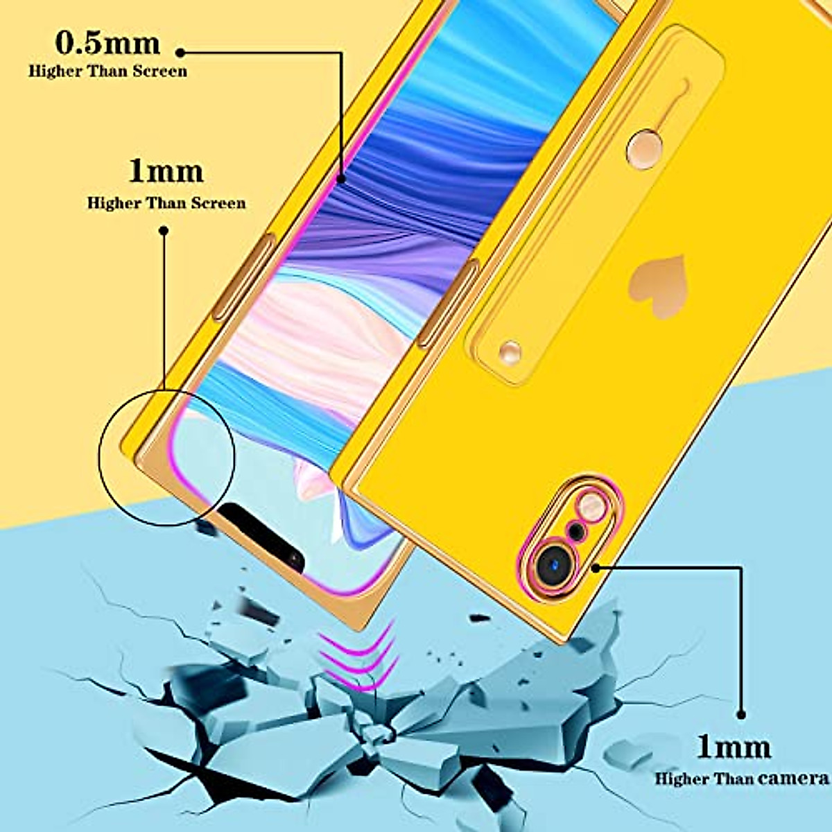 Petitian for iPhone XR Case Stand/String, Luxury Cute Women Girls Heart Electroplated Designer Phone Cases for XR, Yellow