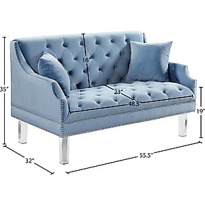 Meridian Furniture Roxy Collection Modern | Contemporary Velvet Upholstered Loveseat Sofa with Luxurious Deep Tufting, Nailhead Trim and Acrylic Legs, Sky blue