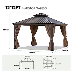 12 x 12FT Hardtop Gazebo - Outdoor Polycarbonate Double Roof Gazebo Canopy, Metal Frame Permanent Pavilion with Curtains and Netting for Garden Patio Backyard Party Deck Lawn
