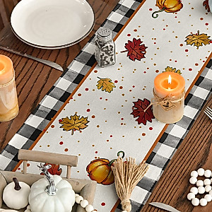 Artoid Mode Buffalo Plaid Gnome Pumpkin Maple Leaves Fall Table Runner, Autumn Kitchen Dining Table Decoration for Indoor Outdoor Home Party 13x72 Inch