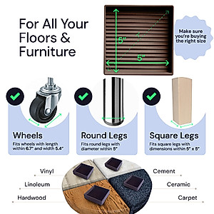 CasterMaster Non-Slip Furniture Pads Square Rubber Anti-Skid Caster Cups, Anti-Sliding Floor Protectors for Furniture (Brown, 5'' x 5'' (Pack of 4))