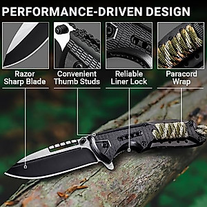 Spring Assisted Pocket Knife - Survival Military Foldable Knife - Best Outdoor Camping Hunting Bushcraft EDC Folding Knife - Tactical Paracord Stainless Steel Pocket Knives w/Clip for Men 25443
