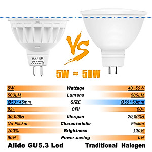 ALIDE MR16 Led Flood Bulbs 5W, Replace 50W Halogen,Wide Angle 120 Degree Beam,GU5.3 Bi-Pin 2700K Warm White,12V MR16 LED Bulb for Overhead Tracking Flood Recessed Accent Landscape Lighting,6 Pack