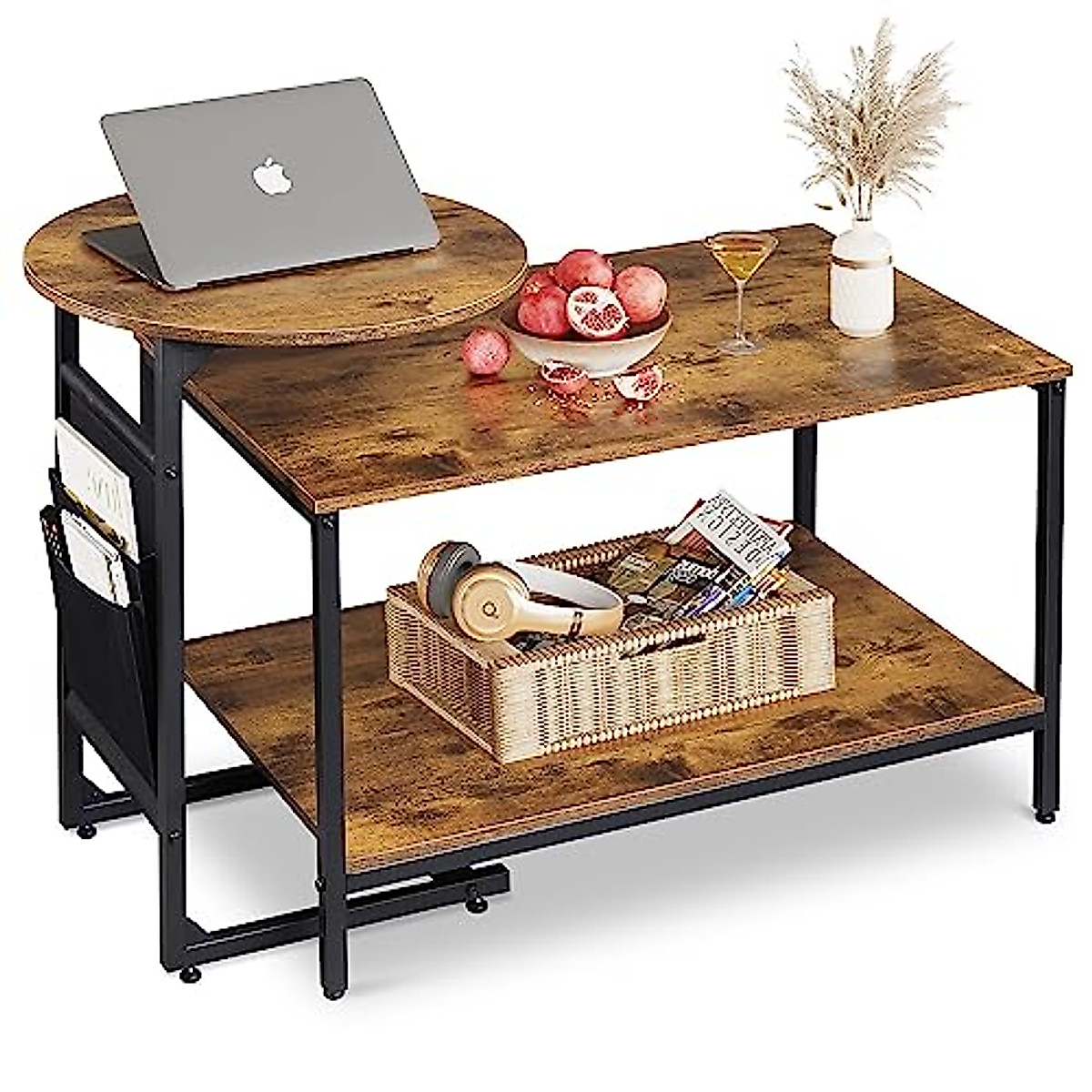 WLIVE Coffee Table, 2 in 1 Design Nesting Coffee Table with Side Pouch for Living Room, Small Round and Rectangular Living Room Table Set, Metal Frame and Wood Desktop,Easy Assembly, Rustic Brown