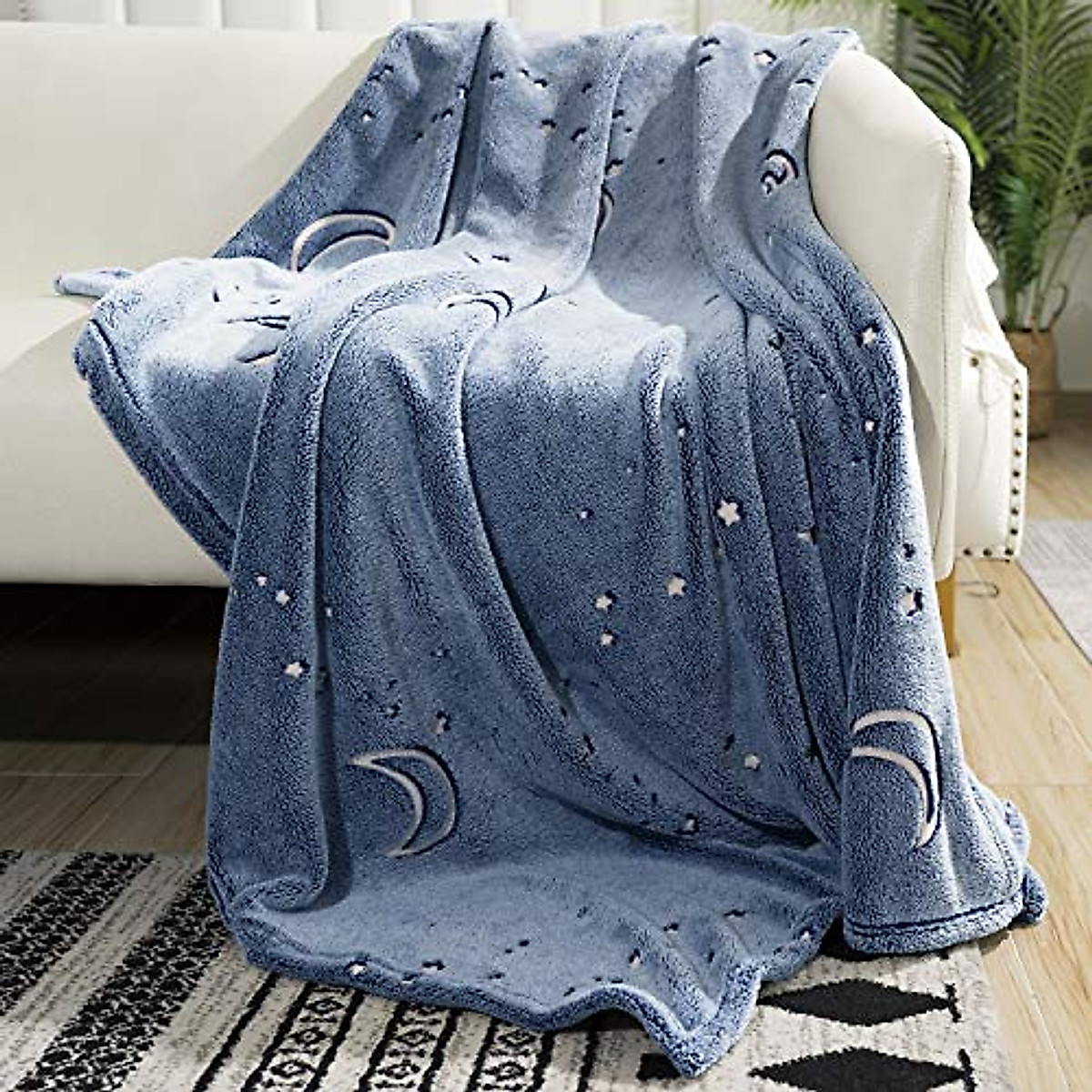 Glow in The Dark Throw Blanket, Moon and Stars Soft Warm Cozy Fuzzy Plush Blanket for Kids Teenage Boys Girls Women Best Friend Birthday Christmas (50 x 60 inches Blue)