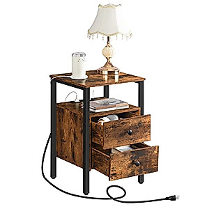 HOOBRO End Table with Charging Station and USB Ports, Side Table with Drawers and Storage Shelf, Set of 2, Bedside Table for Small Spaces, Living Room, Rustic Brown BF431BZP201