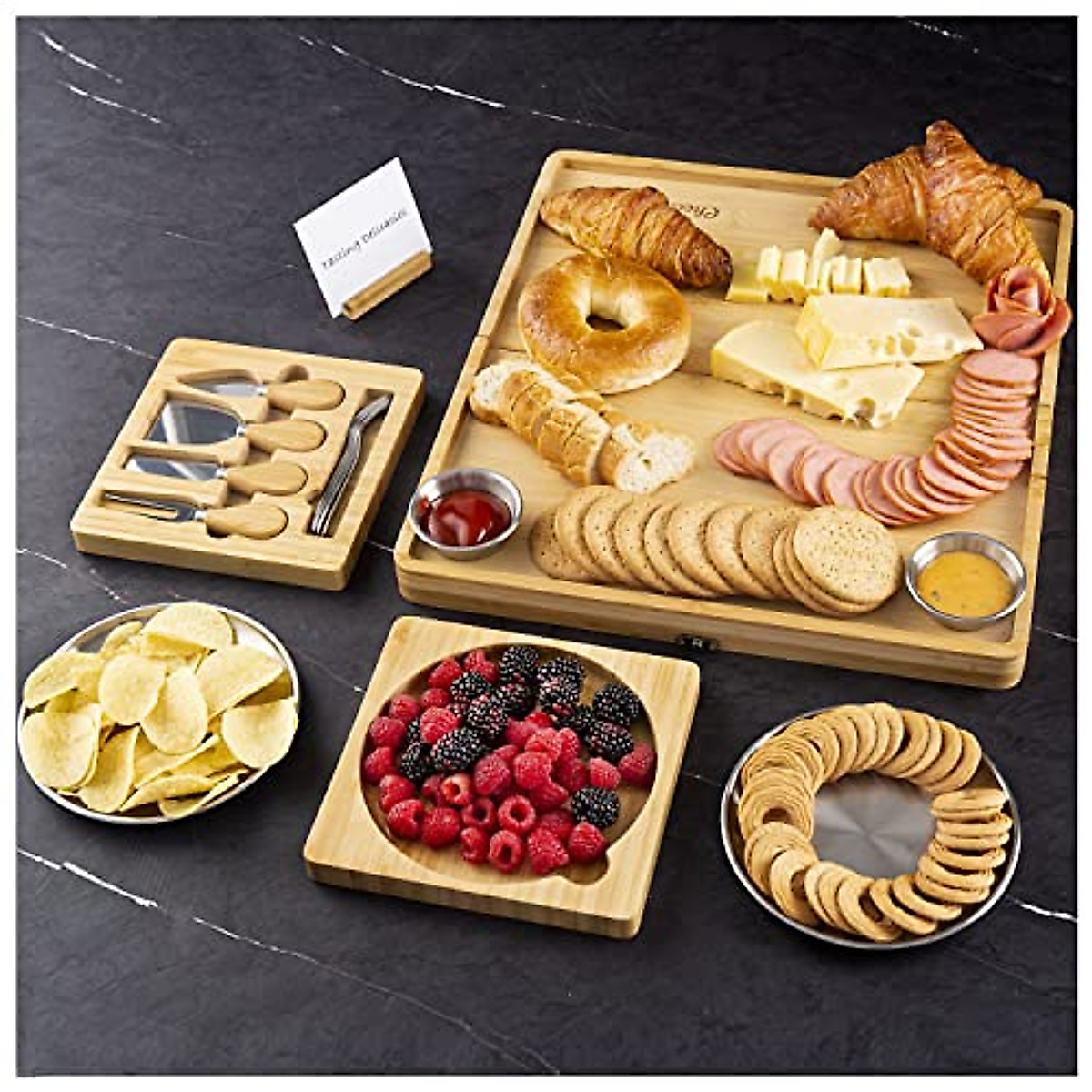 SunClenase Foldable Charcuterie Boards Gift Set - Bamboo Cheese Board and Knife Set - Large Charcuterie Board Set- Perfect Housewarming & Wedding Gifts