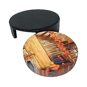 Halloween Pumpkin Sunflower Printed Coasters Set of 6 Pu Leather Round Coasters with Holder Heat Resistant Drink Coasters Coffee Cup Mat for Kitchen Office Bar