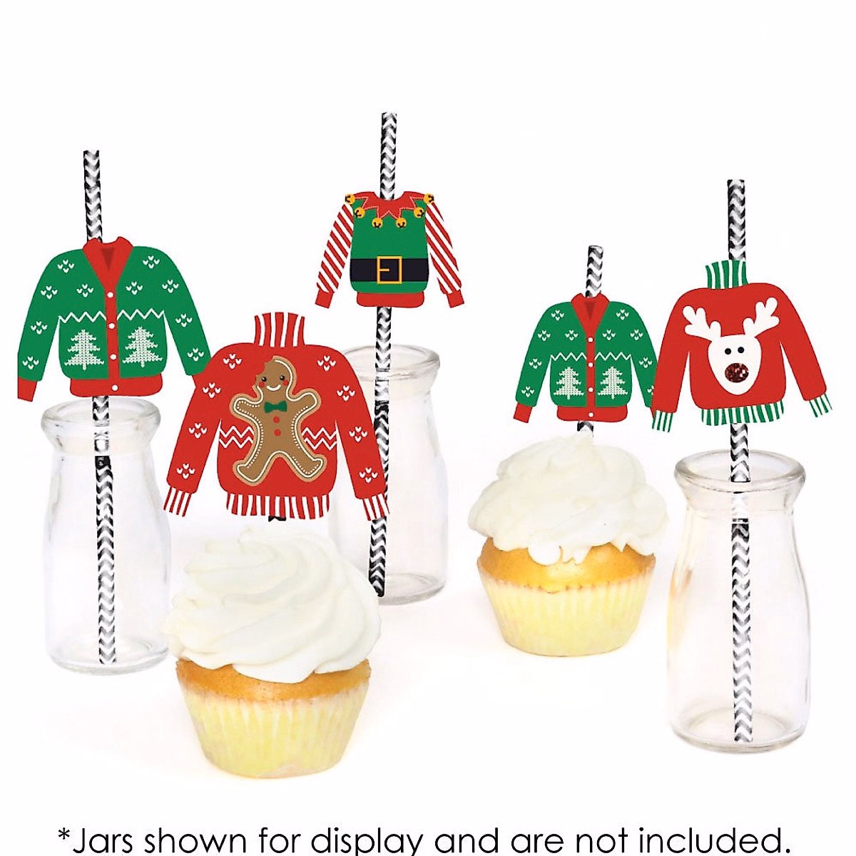 Big Dot of Happiness Ugly Sweater Paper Straw Decor - Holiday and Christmas Party Striped Decorative Straws - Set of 24
