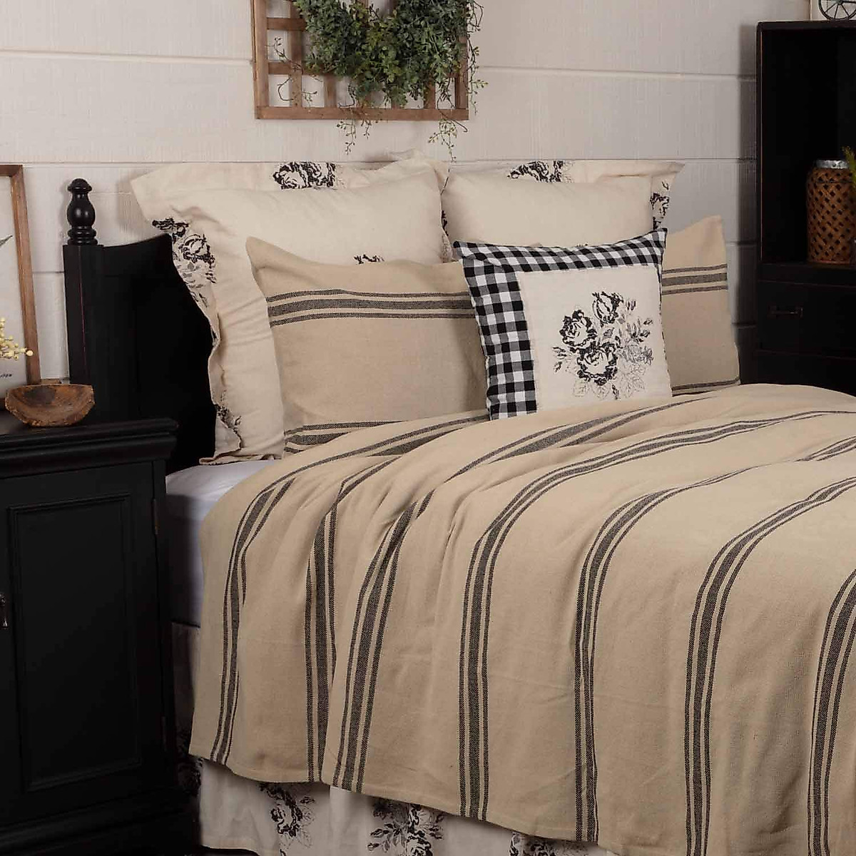 Piper Classics Mill House Stripe Black Queen Coverlet Bedspread, 94" L x 94" W, Oversized Woven Blanket, Farmhouse Primitive Grain Sack Stripe Bedding, Beige & Black