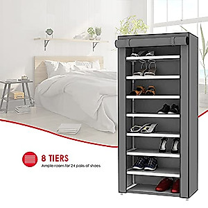 Sunbeam Multipurpose Portable Wardrobe Storage Closet Rack For Shoes and Clothing 7 Tier/Fits 24 Pairs of Shoes Heavy Duty Non Woven Material With Roll Down Cover (Grey)