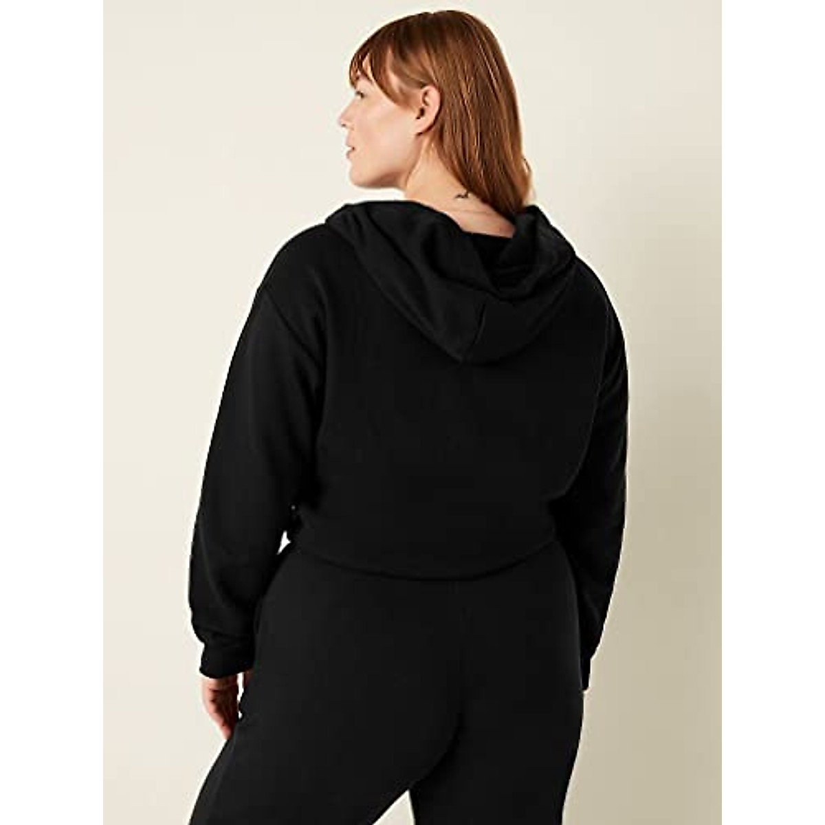Victoria's Secret PINK Fleece Cropped Cinched Campus Hoodie, Pure Black Blur Script Logo, Medium