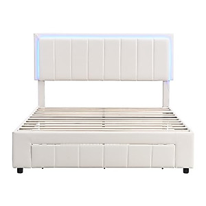 Modern Queen Size Upholstered Platform Bed with LED Lights and 2 Motion Activated Night Lights, PU Leather Platform Bed Frame Mattress Foundation with Storage Drawer for Bedroom Guest Room (White-A4)