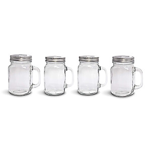 Home Suave Mason Jar Mugs with Handle Sets, Regular Mouth, Colorful Lids with Reusable Stainless Steel Straw, Kitchen GLASS 16 oz Jars & Dishwasher Safe (4, Silver)