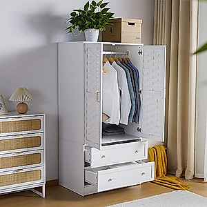 QEIUZON Wardrobe Closet, Freestanding Closet Wardrobe Cabinet with Wide Drawers & Hanging Rod, Armoire for Bedroom, Kids' Room, Dorm (White)
