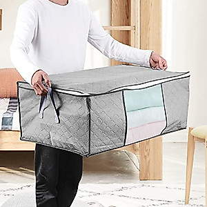 3 Pack Large Capacity Clothes Storage Bag Organizer with Reinforced Handle Thick Fabric for Comforters, Blankets, 105L, Grey