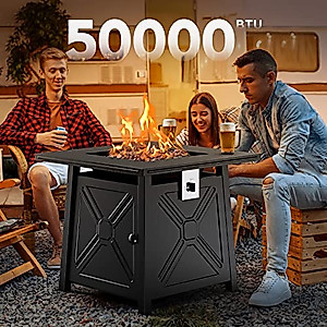 Ciays 28 Inch Gas Fire Pit Table, 50,000 BTU Propane Fire Pits for Outsides with Steel Lid and Lava Rock, 2 in 1 Square Firepit Table for Gatherings Parties on Patio Deck Garden Backyard, Black