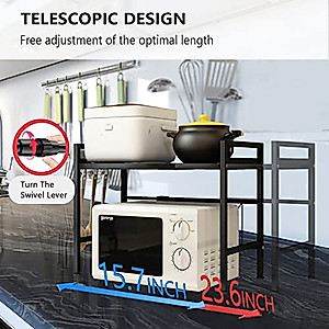 Expandable Microwave Oven Rack, 2 Tiers Metal Heavy Duty Microwave Stand, Adjustable Countertop Kitchen Organizer with 3 Hooks (Black, H-frame 2 tier)