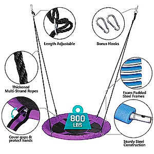 HomGarden Saucer Tree Swing Purple Set 40" Waterproof Round Outdoor Nest Spinner Web Tree Swing 800 lbs Weight Capacity Durable Steel Frame w/Adjustable Nylon Ropes Kids, Teens Adults