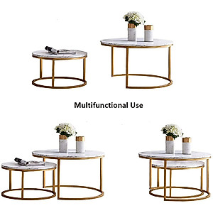 Modern Nesting Coffee Table, Marble Look Sofa Side Nest of Tables Round End Tables, Set of 2, Golden Color Frame with Wood Top- 32”& 24” Table Set