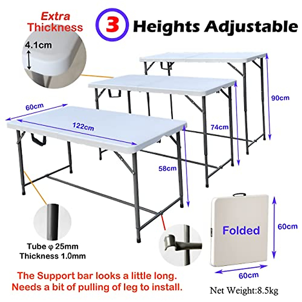 BOSOVEL 4ft Folding Table 3 Adjustable Height, 35 inch Height Portable Plastic Table for DJ Kitchen Party Camping Picnic Dining, Fold in Half w/Handle, White