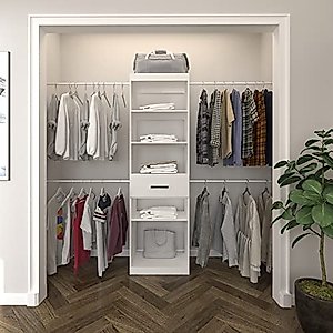 SOLRIG Closet System Tower Kits, Including Clothes Rack Shelves, Organizer Kits, Rods Can Be Cut and One Drawer, Manufactor Wood with White Color for Bedroom and Closet Room.
