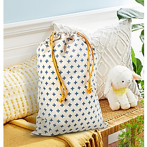 Hallmark 19" Large Canvas Bag with Yellow Drawstring (Ivory and Blue) for Birthdays, Baby Showers, Father's Day