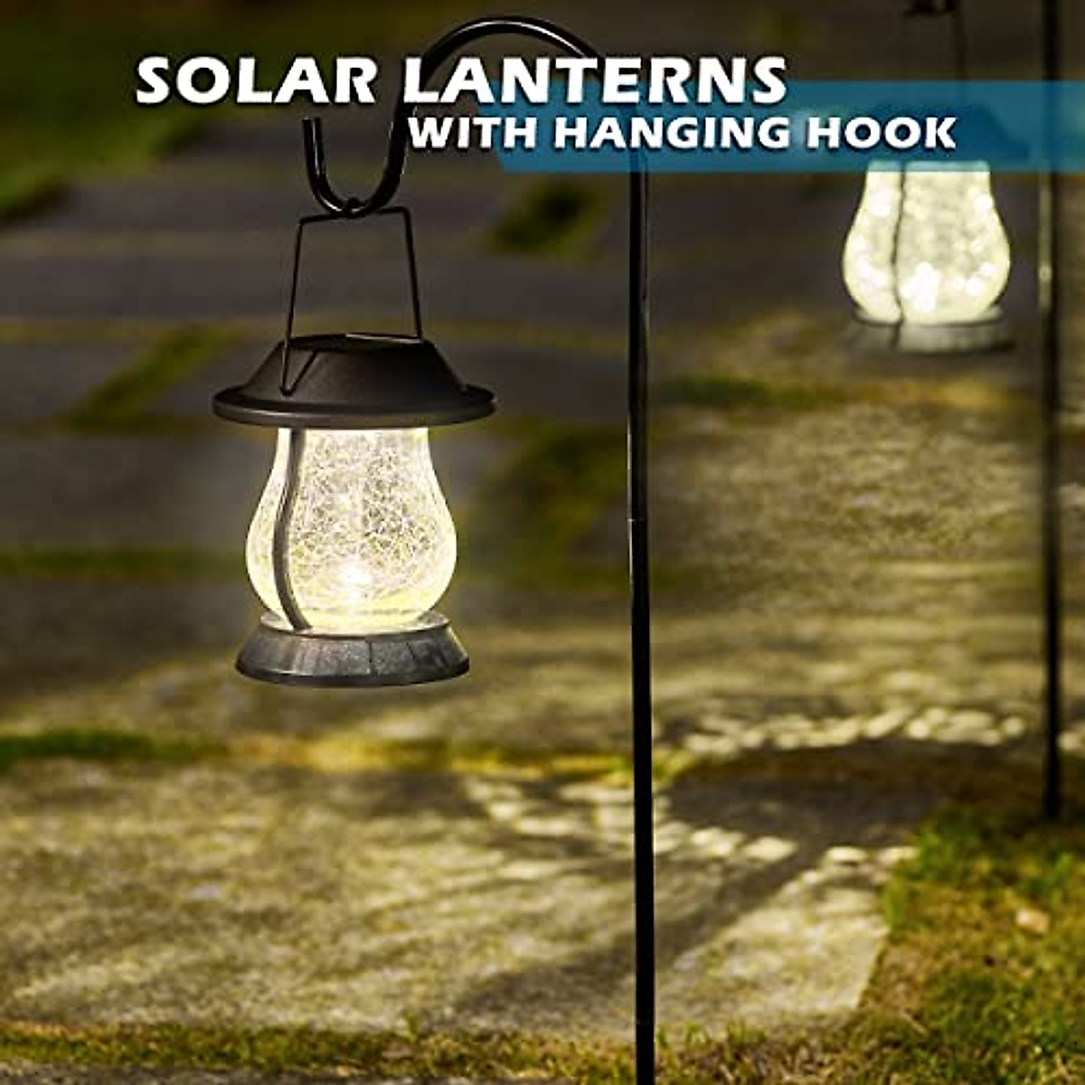 LeiDrail Hanging Solar Garden Lights, Solar Hanging Lanterns Outdoor with Shepherd Hooks & Crackle Glass Ball, Waterproof Solar Powered Table Lamps for Yard Fence Tree Tabletop Garden Decor(2 Pack)