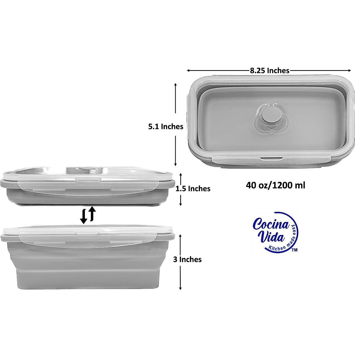 Cocina Vida Collapsible Silicone Food Storage Containers with Airtight Lids | Kitchen Stackable Lunch Box Microwave Dishwasher Safe| Set of 4 Silicone Food Storage Containers